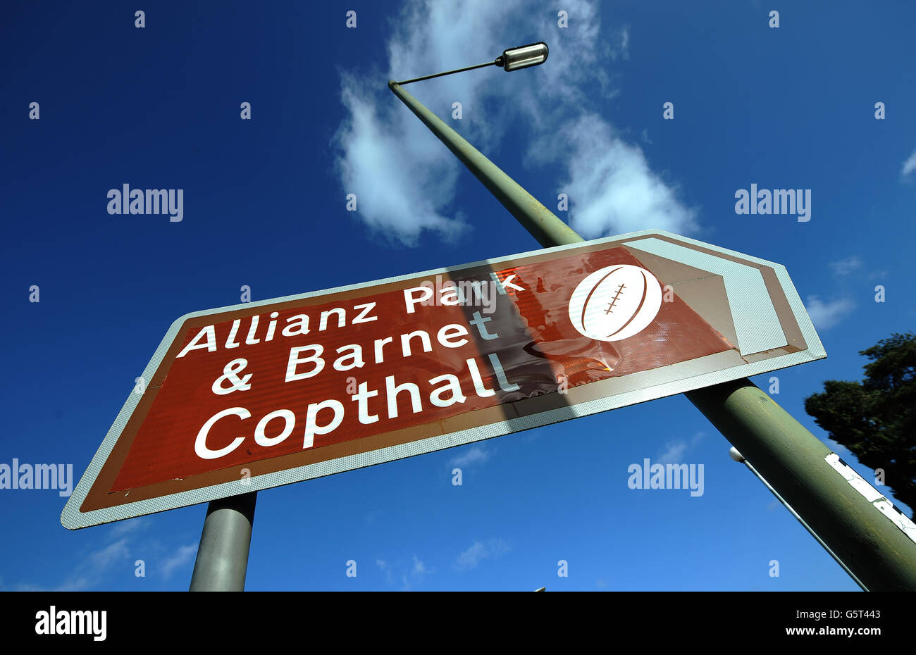 Road signs point the way to Allianz Park, home of Saracens Rugby Club ...
