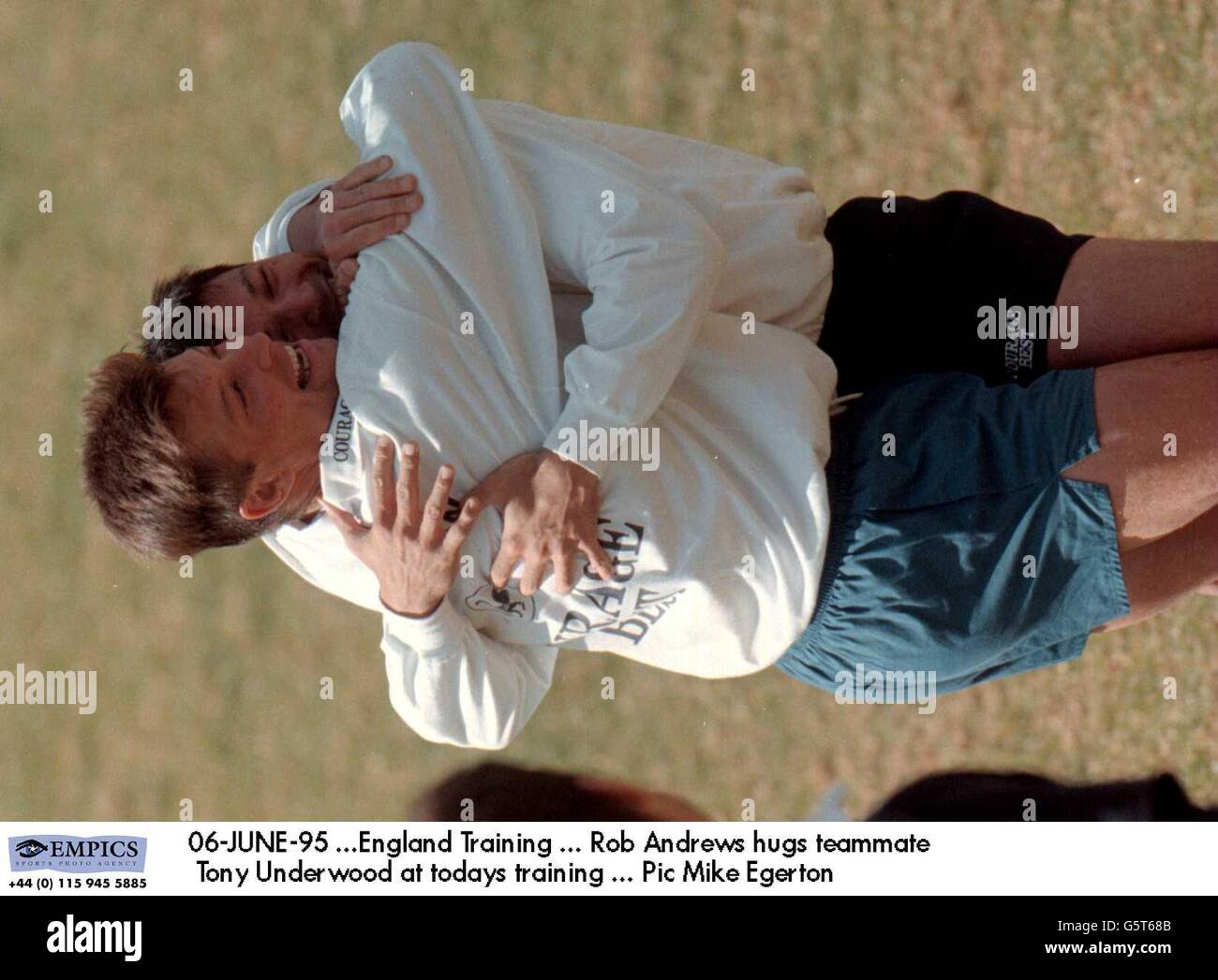 Rugby Union World Cup 1995 -England Training. Rob Andrews hugs teammate ...
