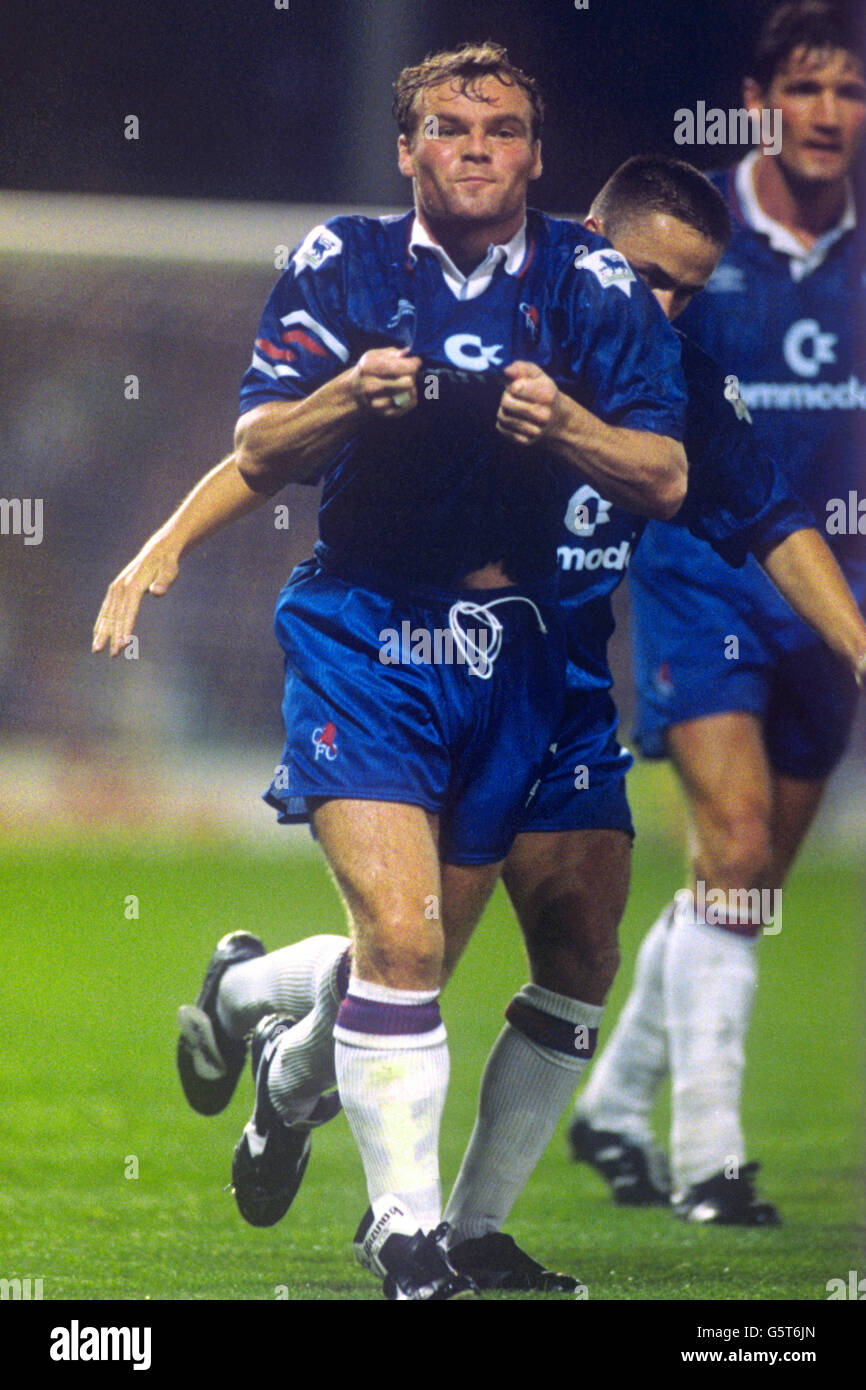 Robert Fleck celebrates scoring for Chelsea in their 3-1 win over Aston ...