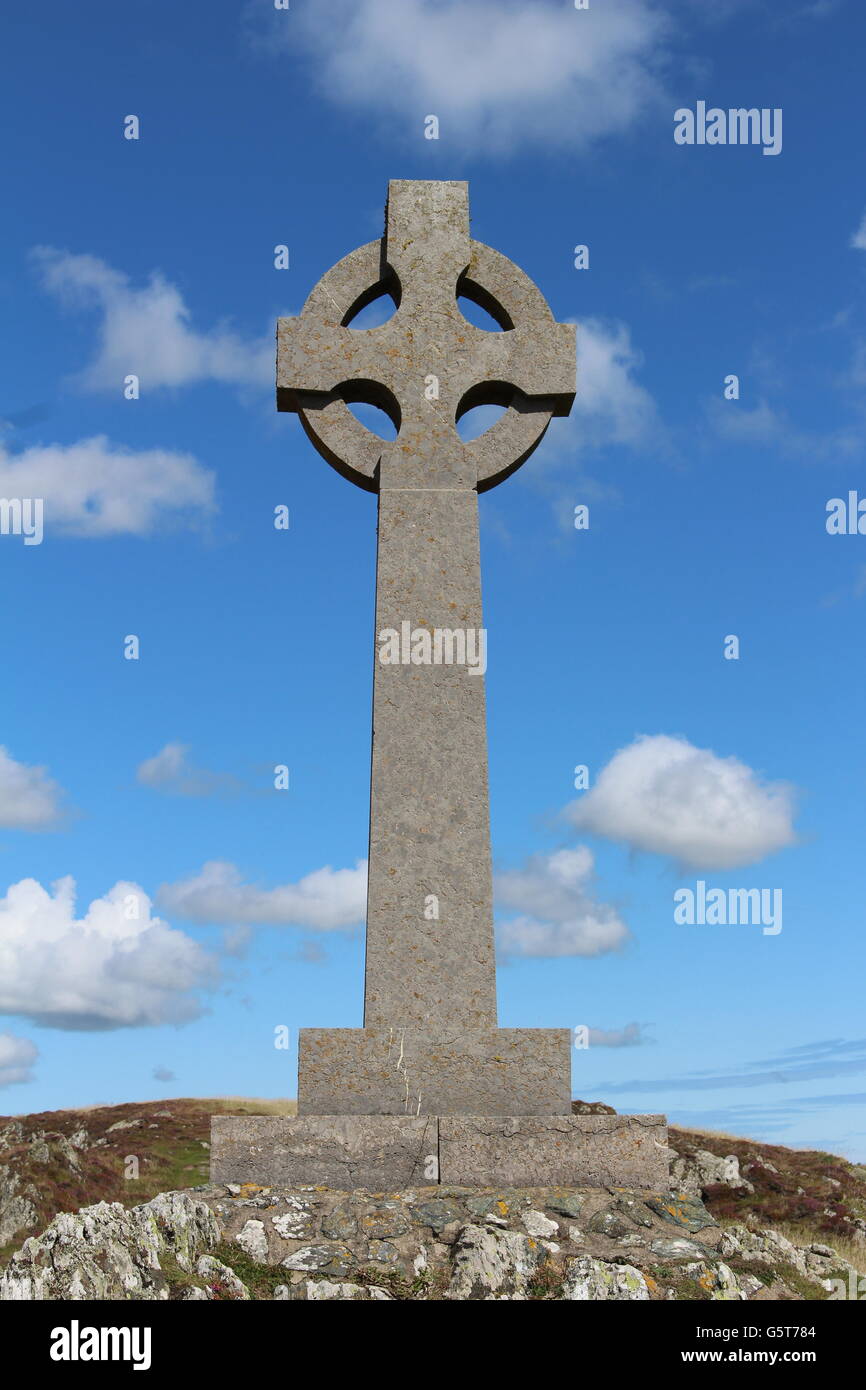 Celtic stone cross at Llanddwyn Island, Newborough, Anglesey Stock ...