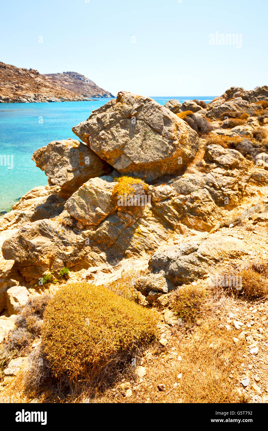 in greece the mykonos island rock sea and beach sky Stock Photo - Alamy