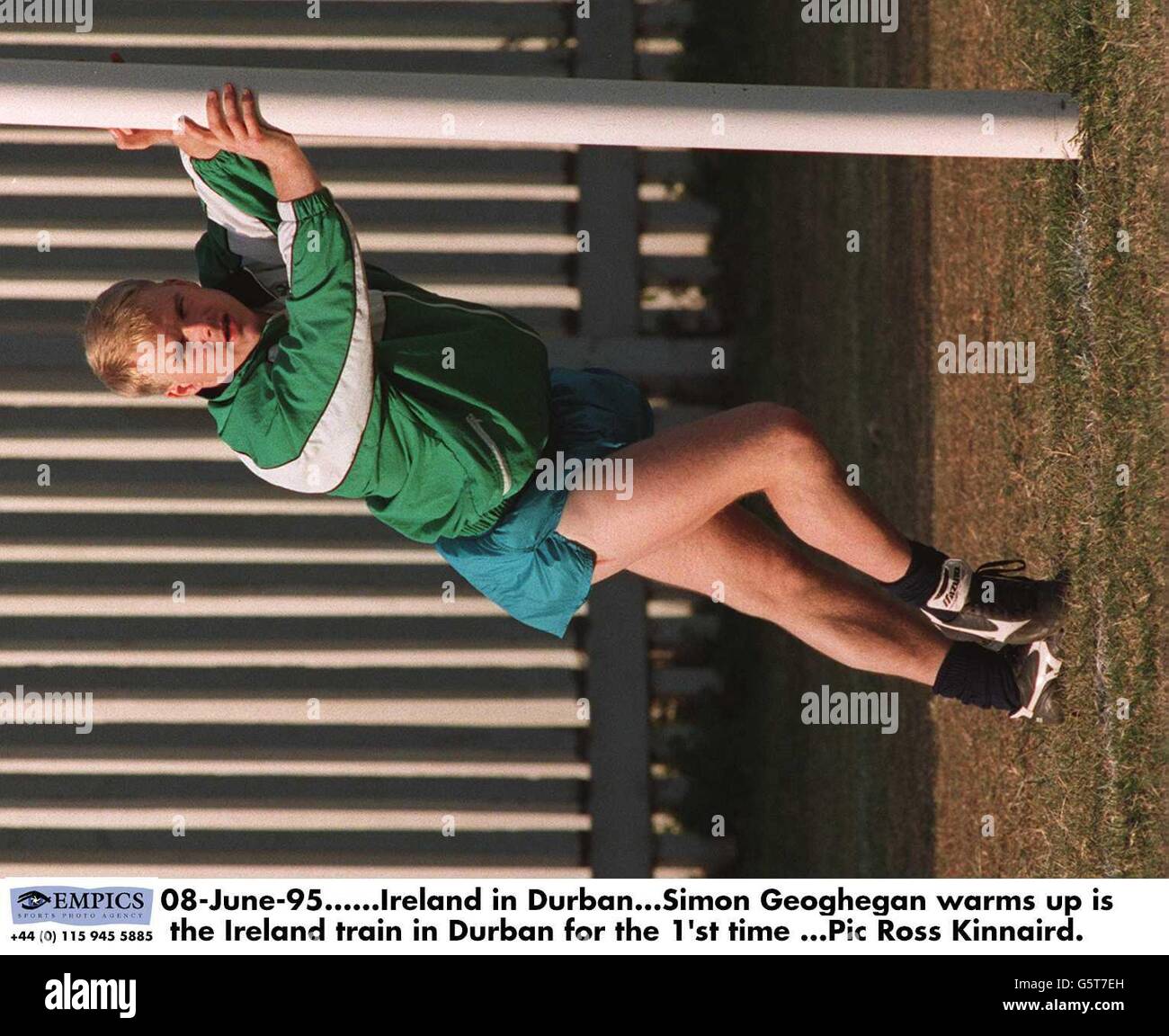 Rugby Union World Cup 1995 -Ireland in Durban. Simon Geoghegan warms up ...