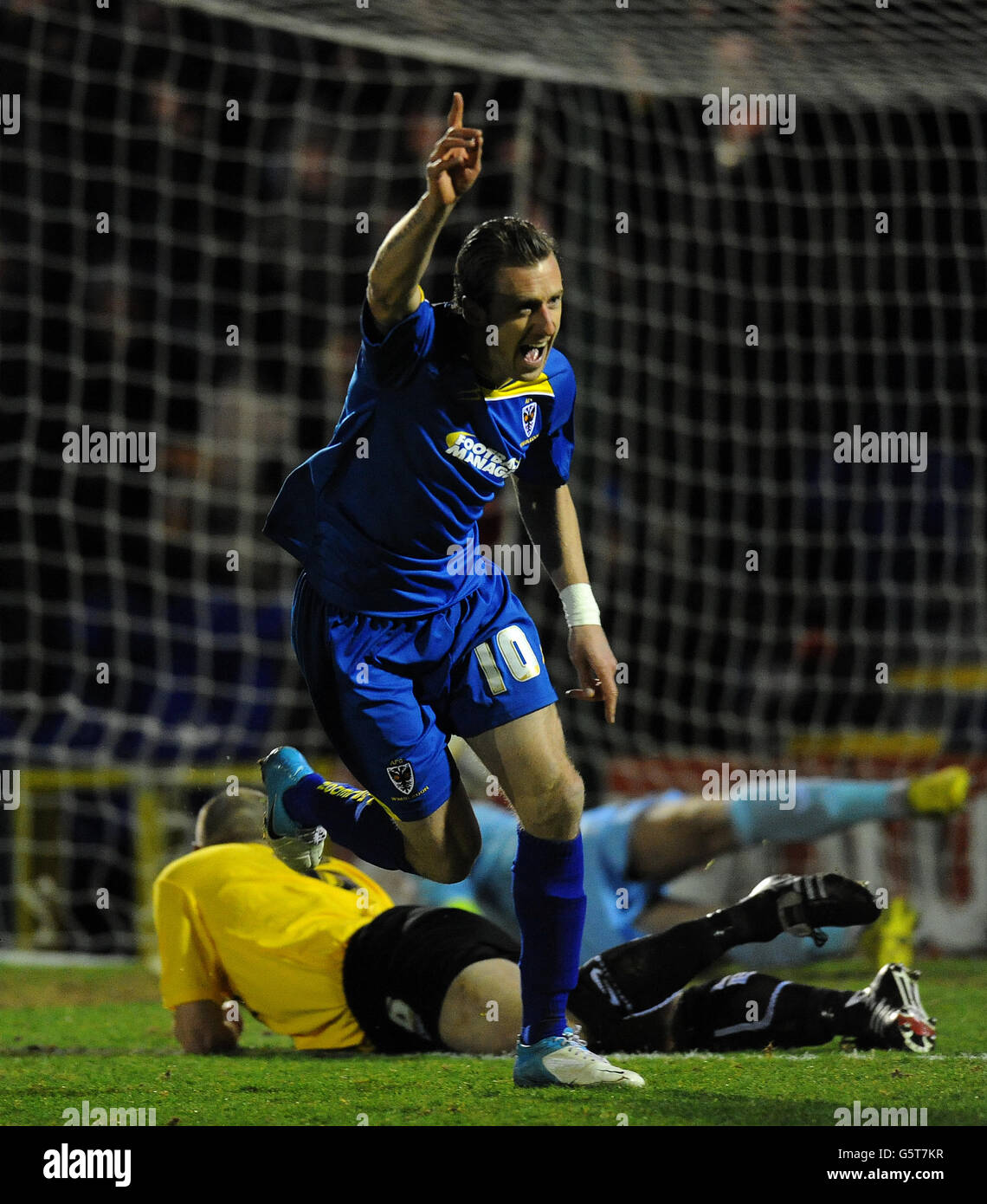 AFC Wilmbledon's Jack Midson celebrates scoring their first goal Stock ...