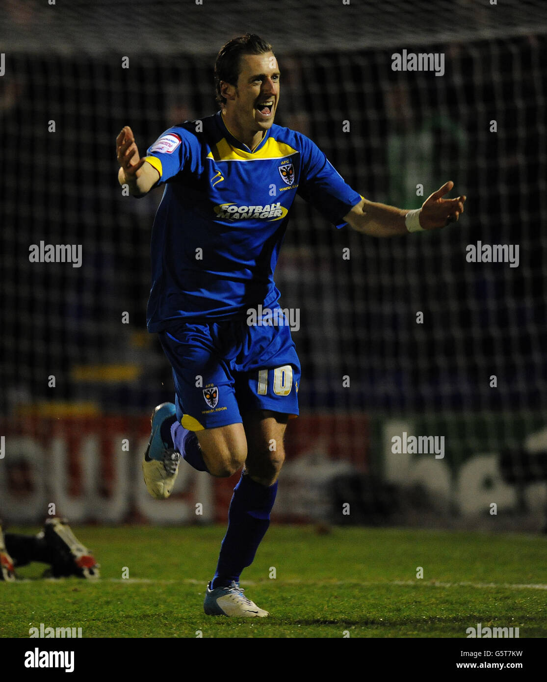 AFC Wilmbledon's Jack Midson celebrates scoring their first goal Stock ...