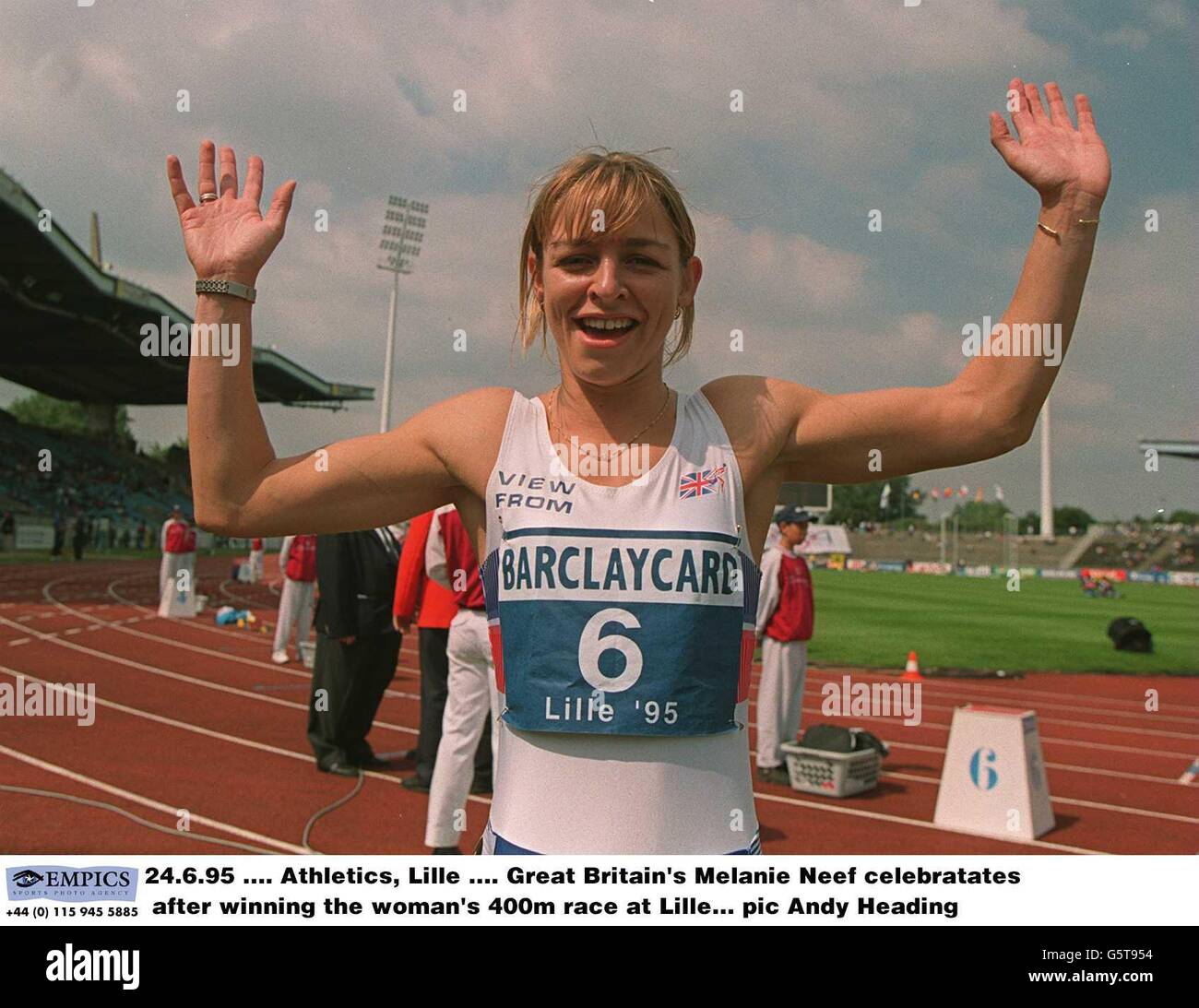24.6.95, Athletics, Lille, Great Britain's Melanie Neef celebrates ...