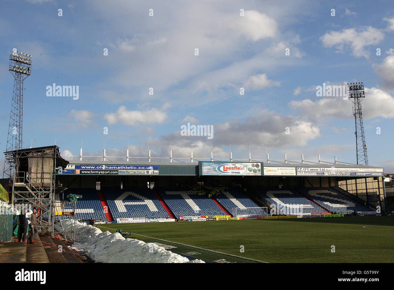 A general view of a snow lined pitch at Boundary Park, home to Oldham ...