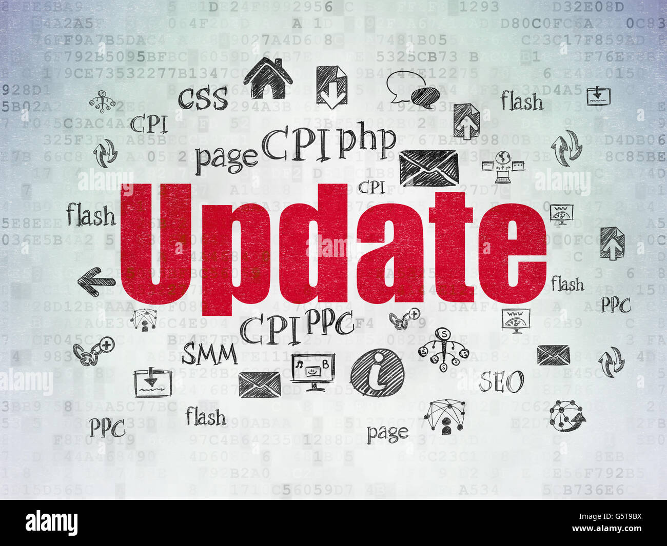 Web development concept: Update on Digital Data Paper background Stock ...