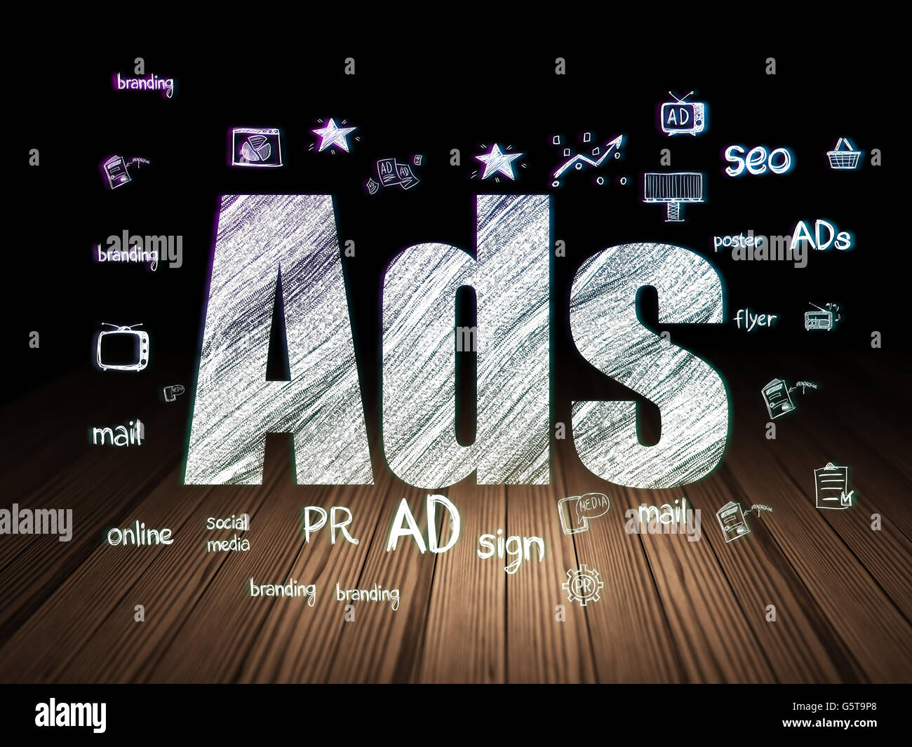 Advertising concept: Ads in grunge dark room Stock Photo - Alamy