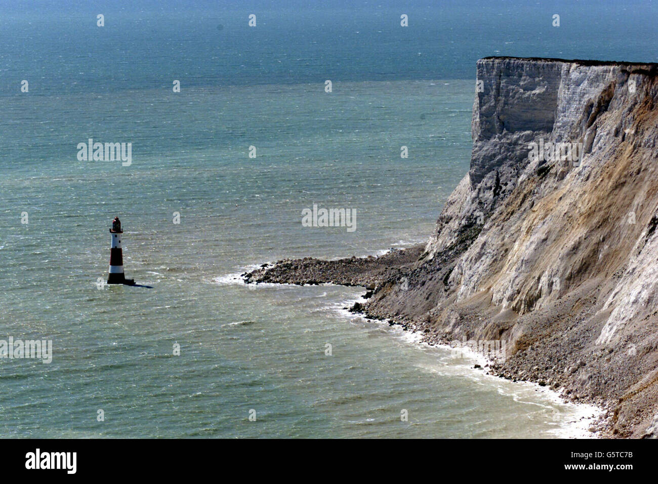Aerial view of the Lighthouse and cliffs at Beachy Head in East Sussex ...