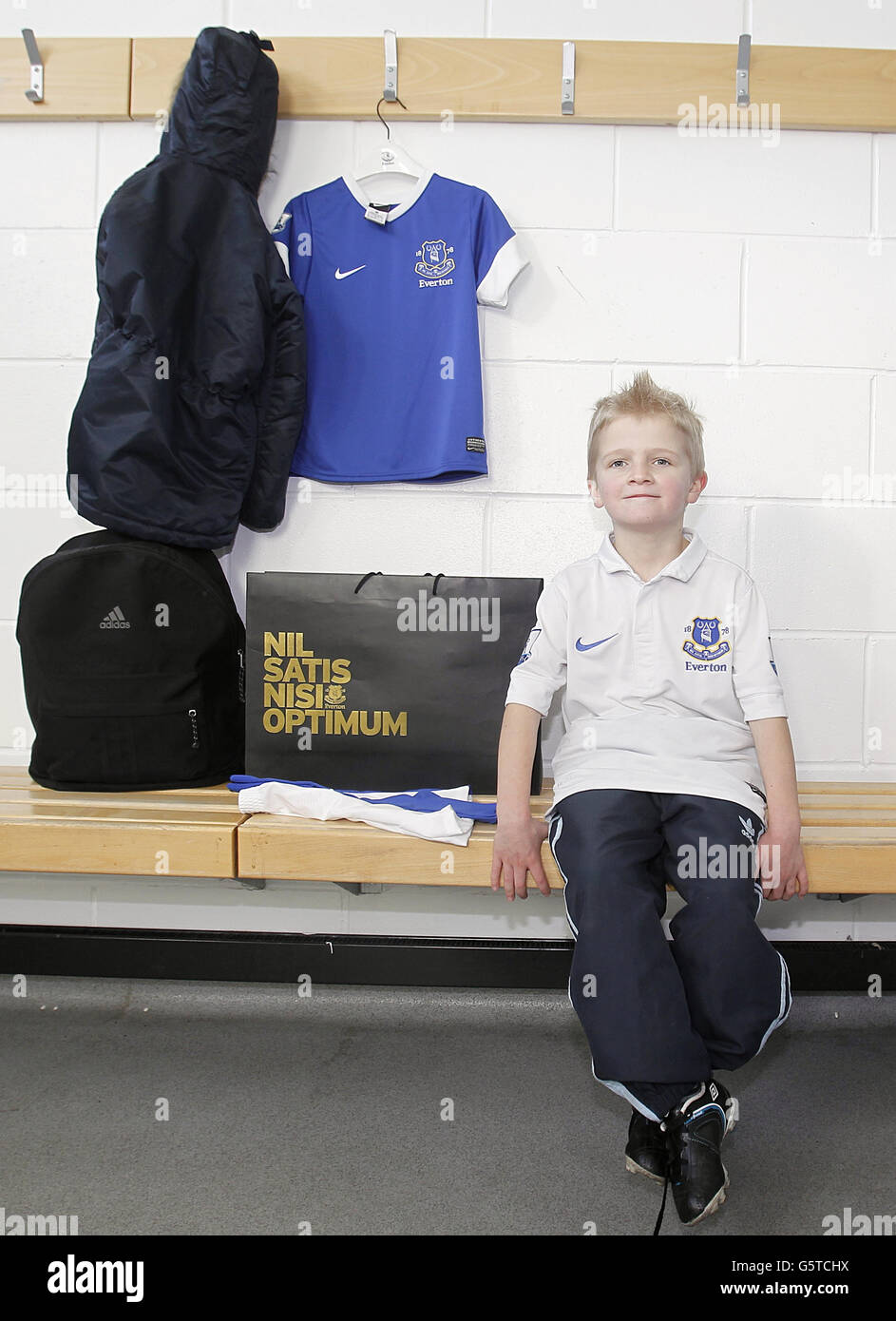 An Official Everton mascot in the dressing rooms at Finch Farm during ...