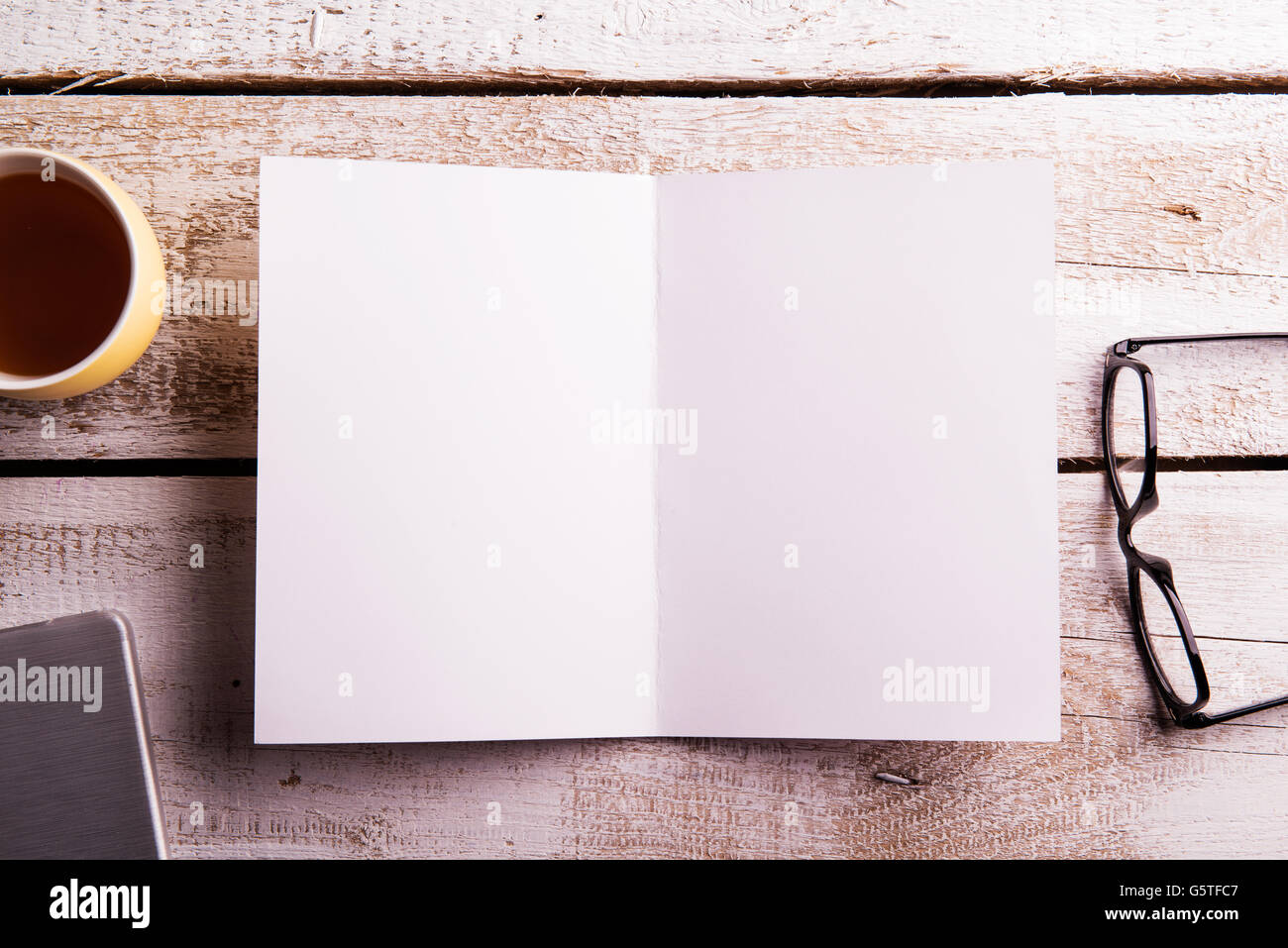 Empty greeting card, eyeglasses, cup of coffee and smartphone Stock ...