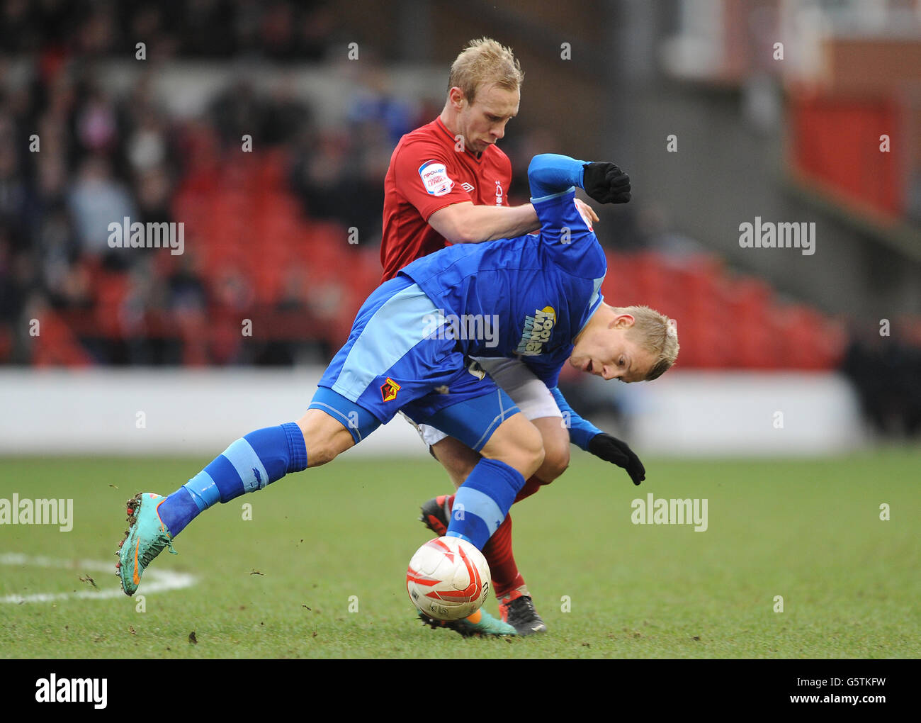 Nottingham Forest's Simon Gillett (left) and Watford's Matej Vydra ...