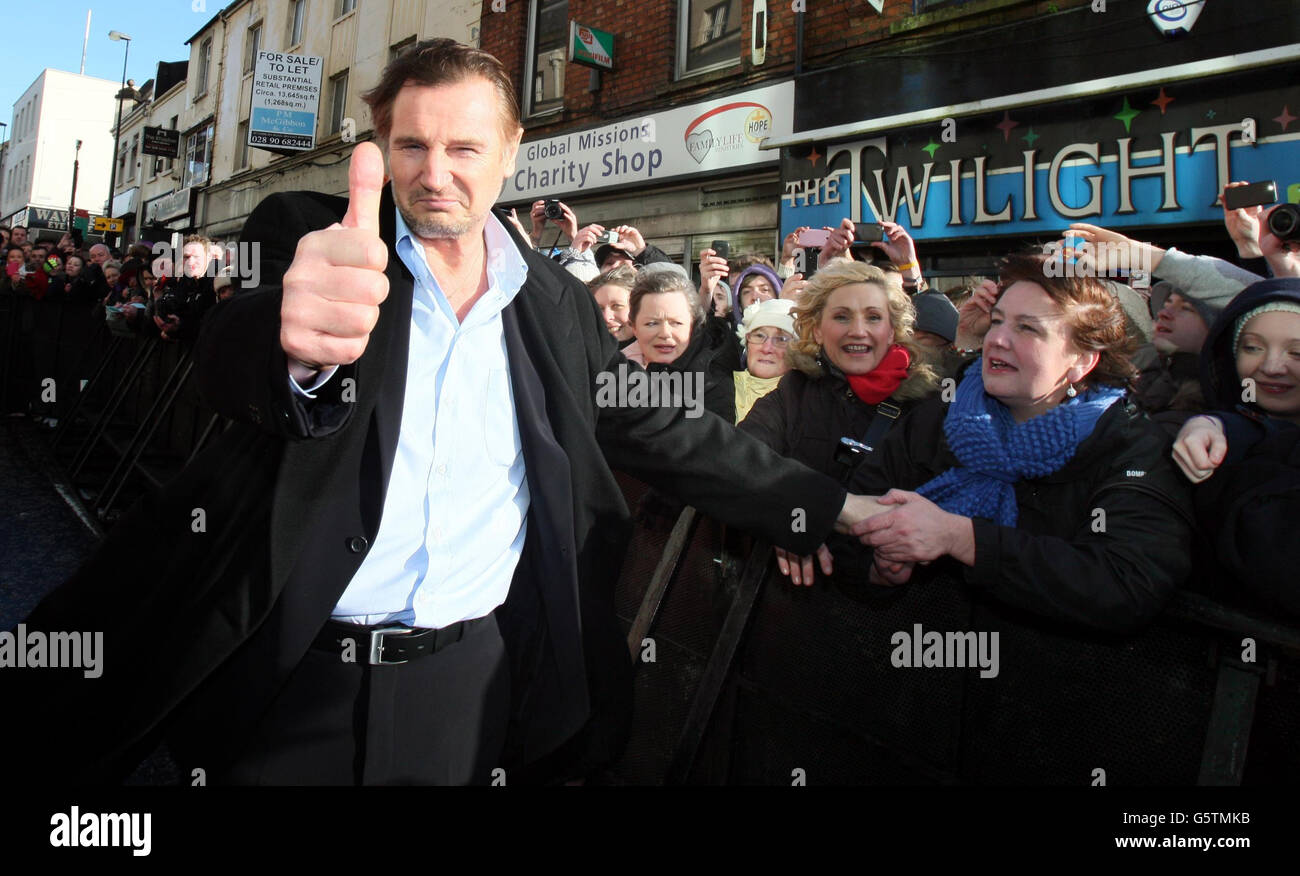 Hollywood actor Liam Neeson, is welcomed by well-wishers to Ballymena ...