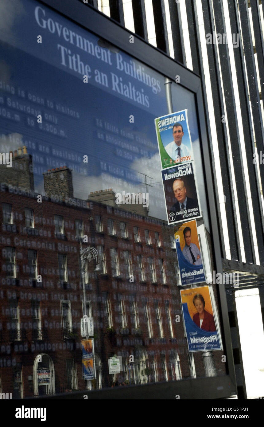 The reflections of election posters outside Government buildings in ...