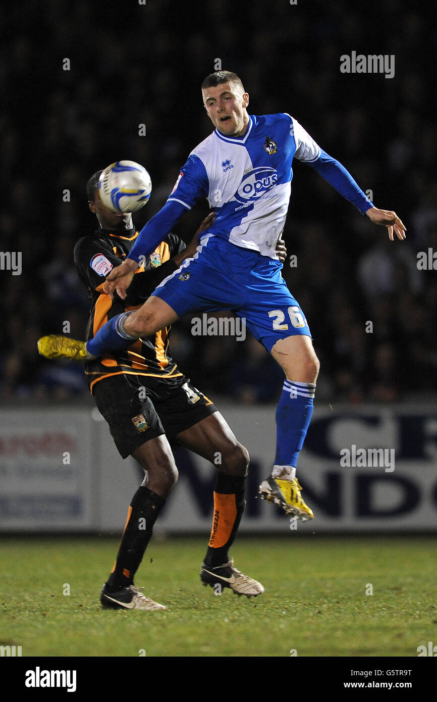 Bristol Rovers' Ryan Brunt (right) and Barnet's Andy Iro battle for the ...