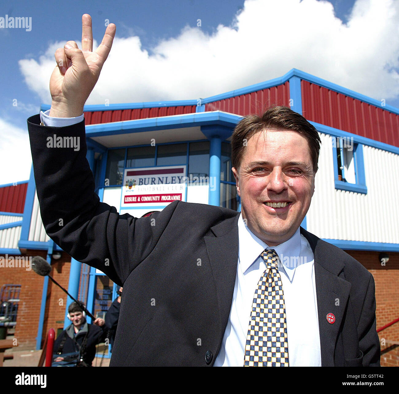 Nick Griffin, leader of the BNP, celebrates Terence Grogan winning a ...