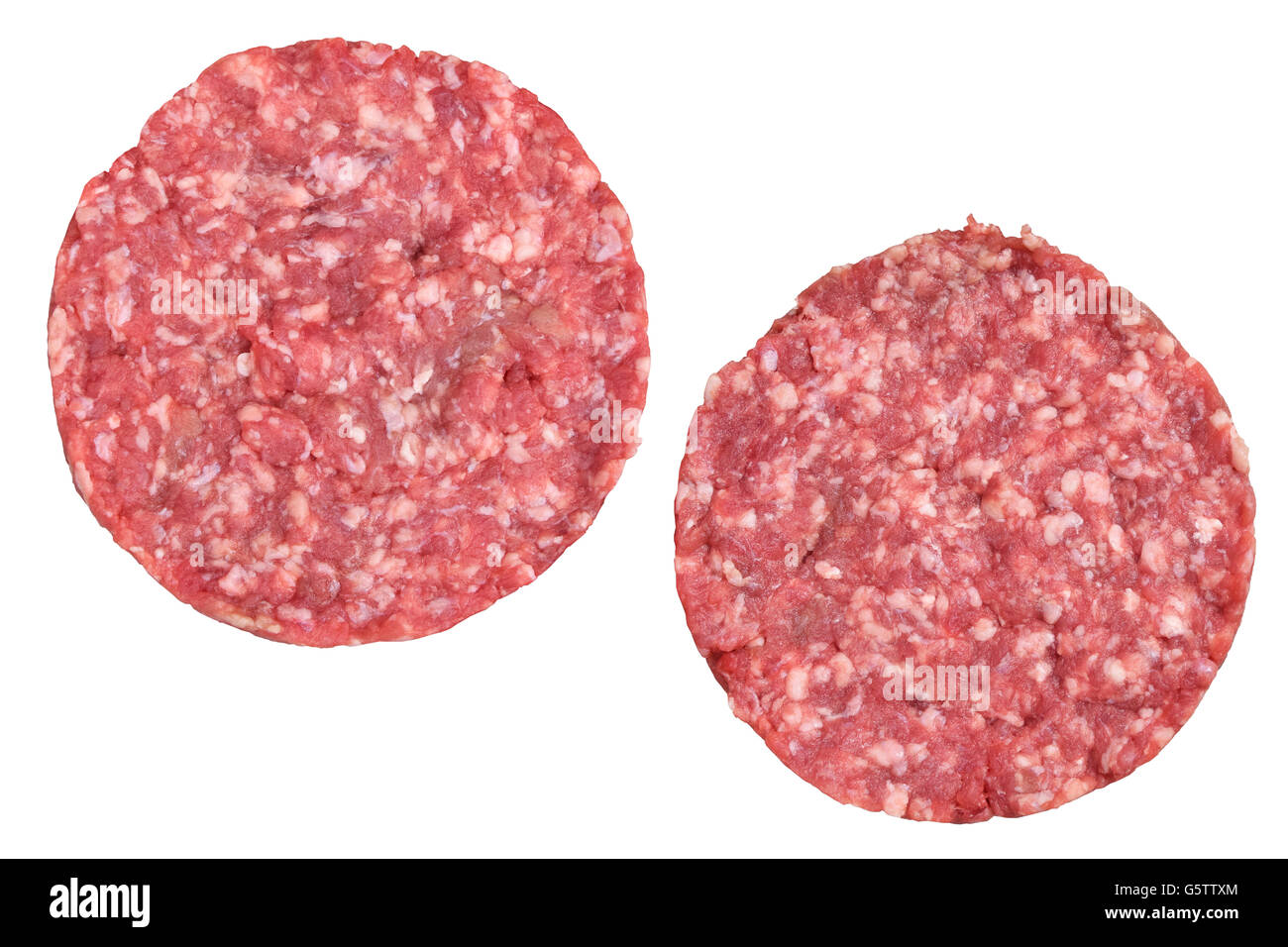 Two raw red meat burgers for hamburgers of minced ground beef or pork ...