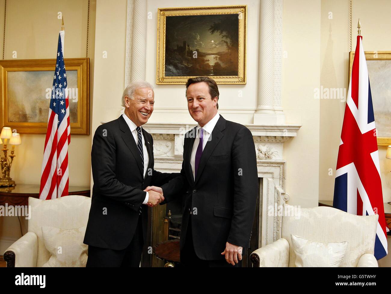 British Prime Minister David Cameron (right) greets US Vice President ...