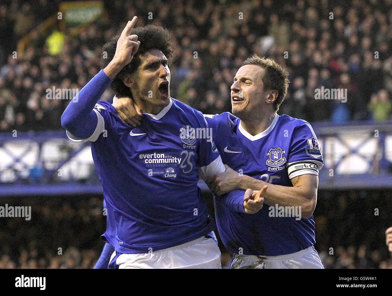 Everton's Marouane Fellaini celebrates scoring their third goal of the ...