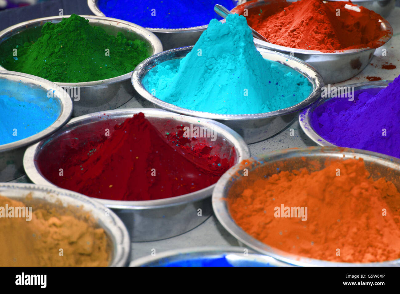 Colorful powder in bowls for the celebration of holi festival, in India ...