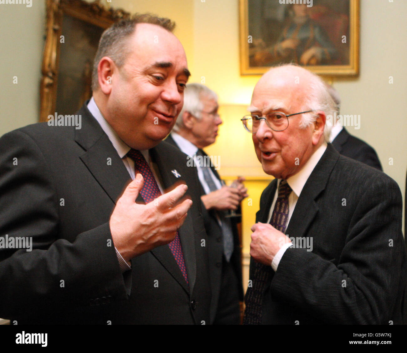First minister Alex Salmond talks to Professor Peter Higgs during a ...