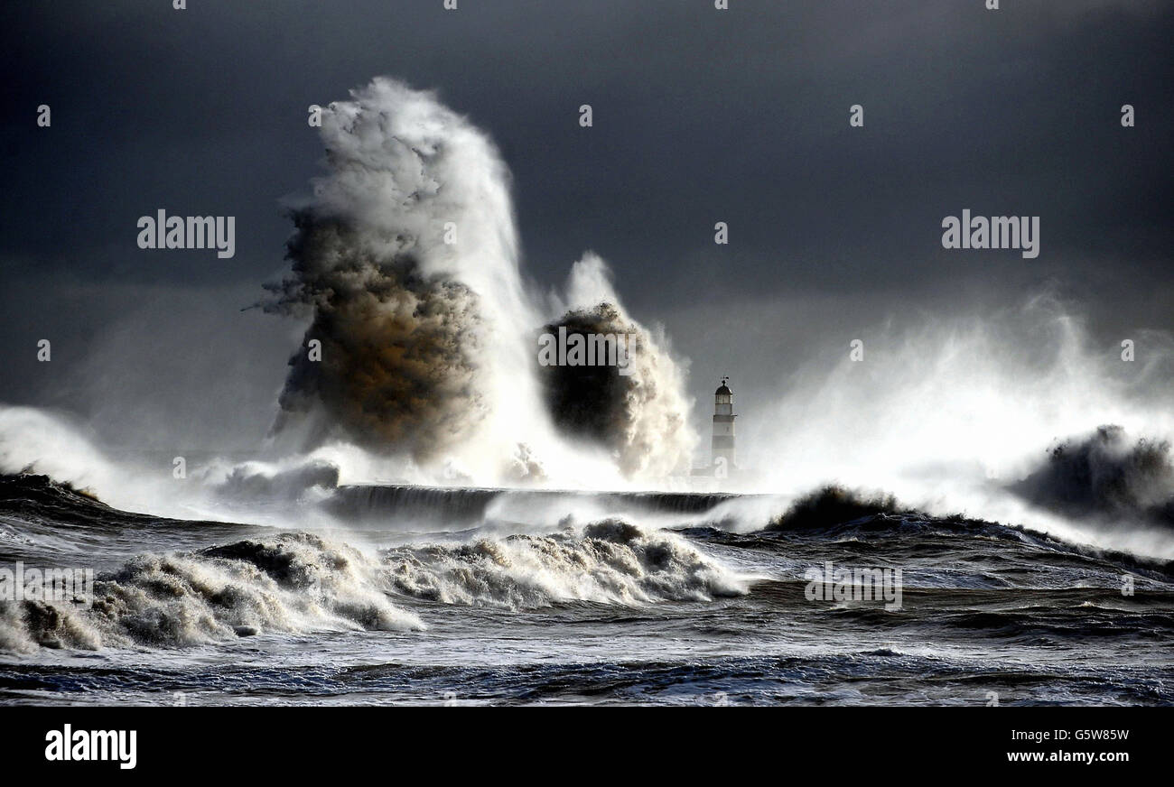 Gale force winds from the north whip the sea up at Seaham Harbour, in ...