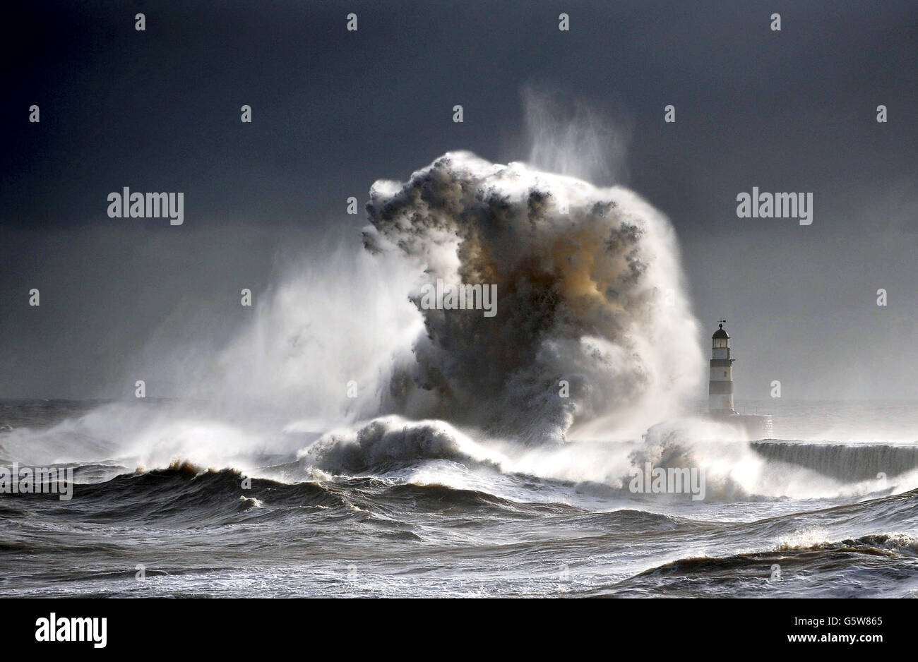 Gale force winds from the north whip the sea up at Seaham Harbour, in ...