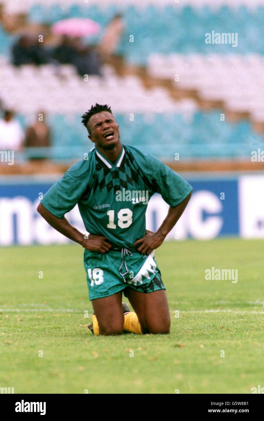 25-JAN-96. Liberia v Zaire. The emotin of the game gets to Emeka Esanga ...