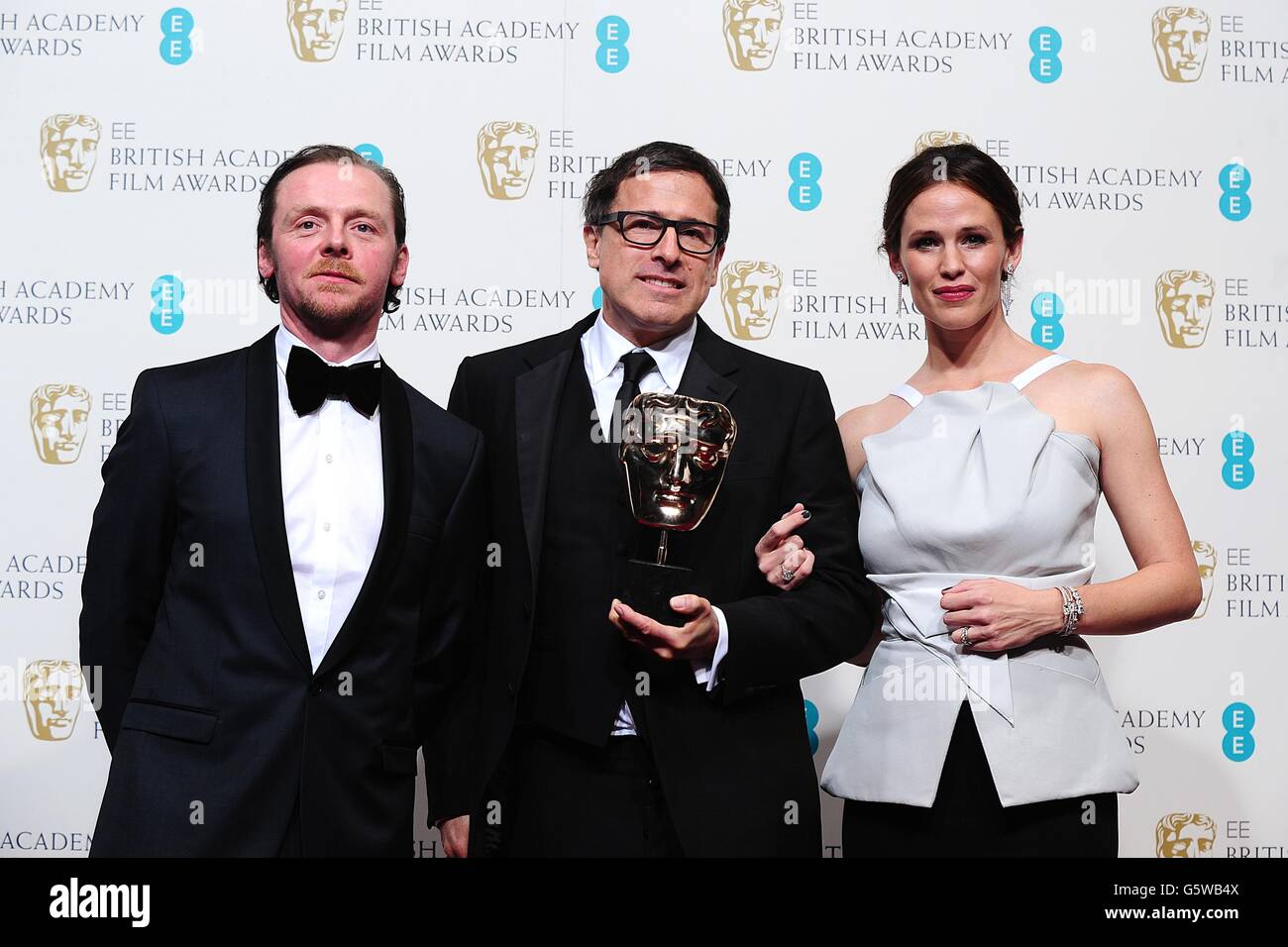 Simon Pegg, David O Russell and Jennifer Garber in the press room at ...