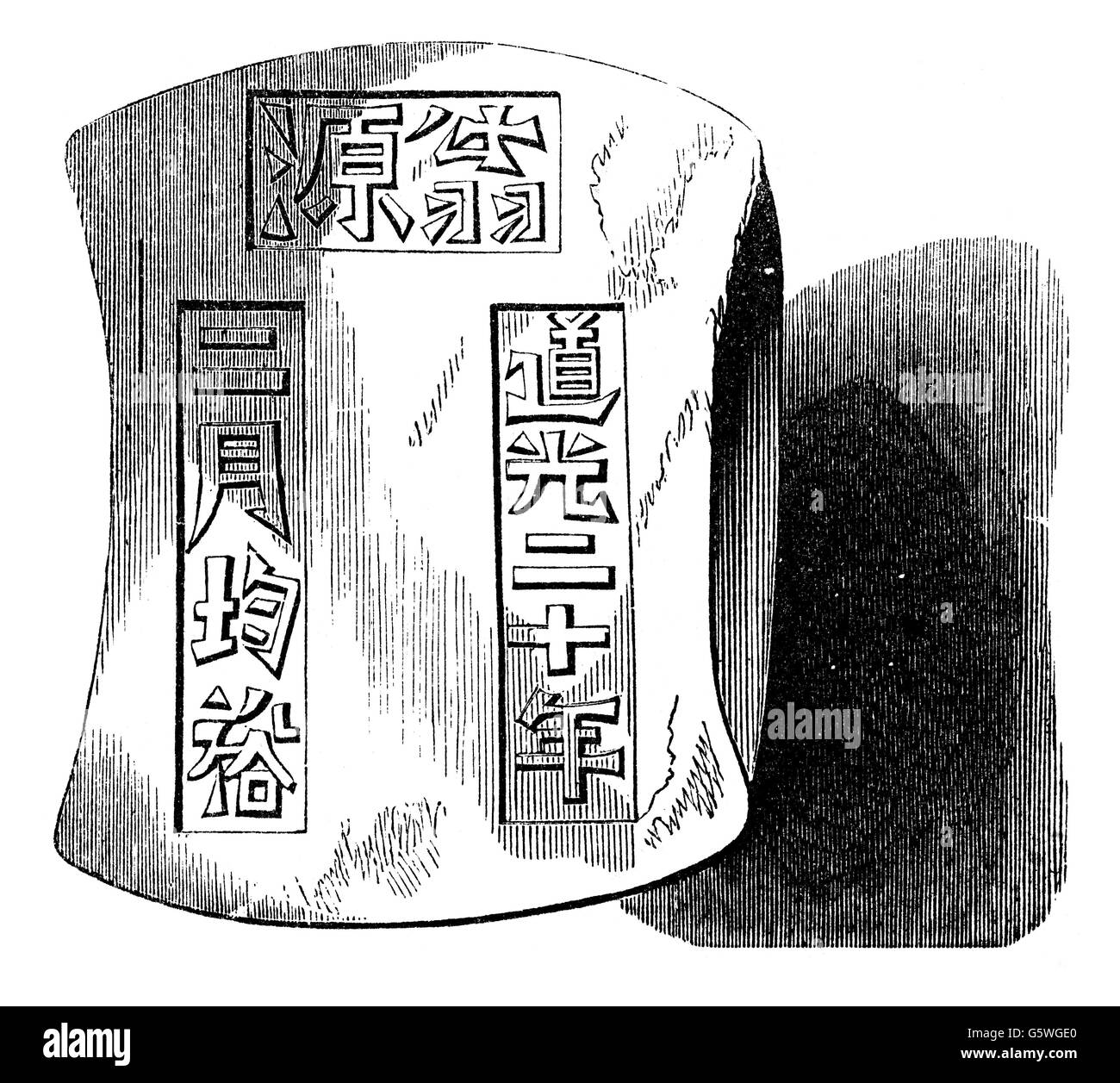 metal, silver, Chinese silver bar, wood engraving, from: book of ...