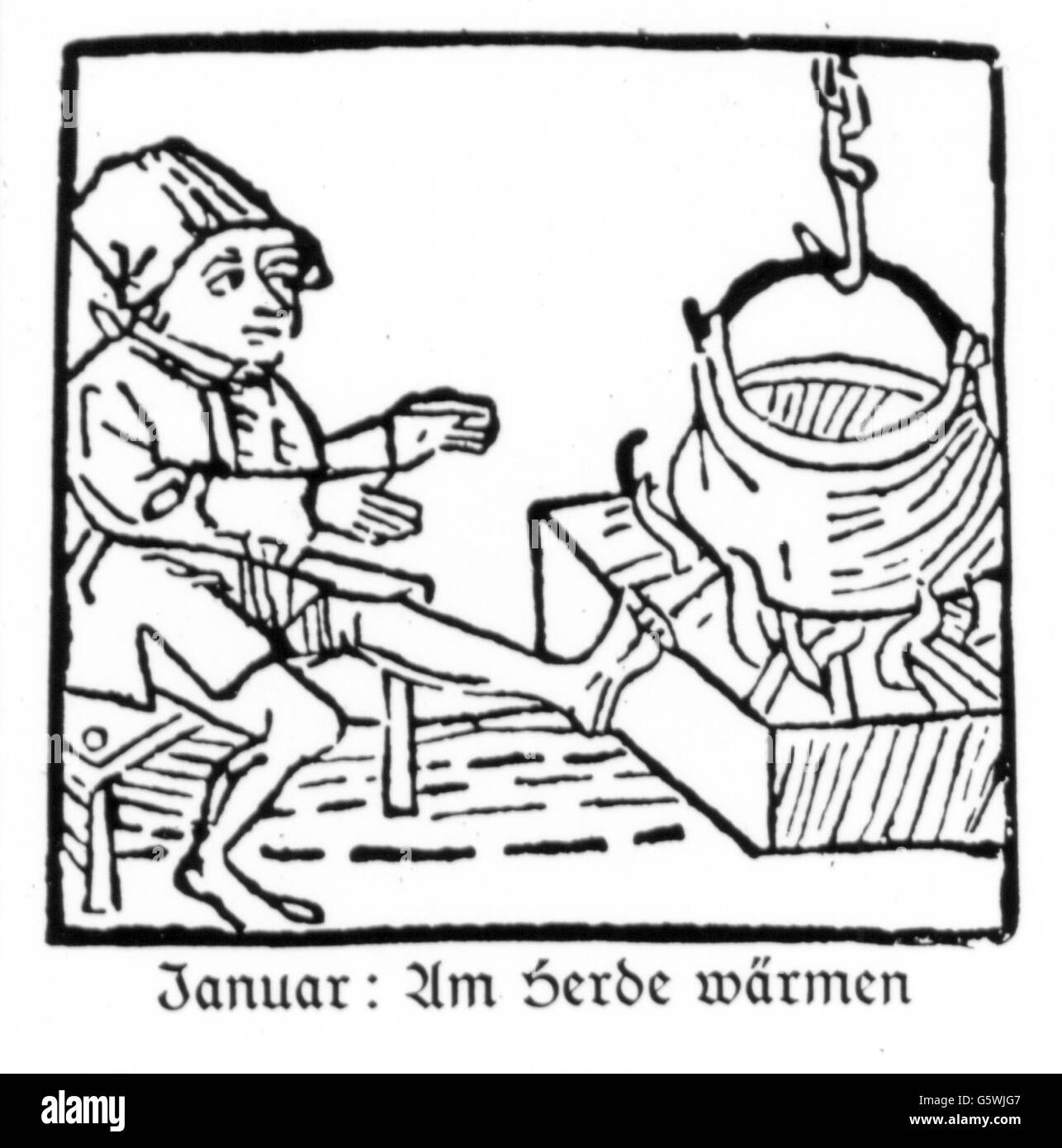 season, "January", man warming himself at the open hearth, woodcut ...