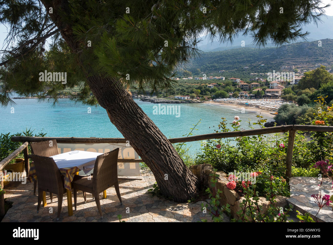 Looking down on Kalogria beach at Stoupa with the Outer Mani coastline ...
