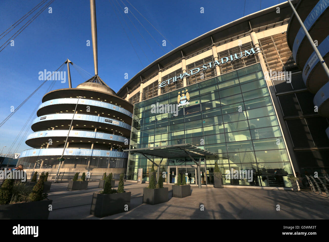 A general view of the exterior of the Etihad Stadium, home of ...