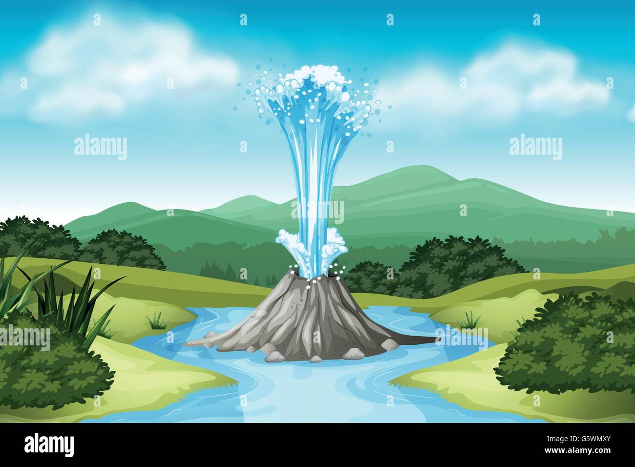 Nature scene with hot spring and field illustration Stock Vector Image ...