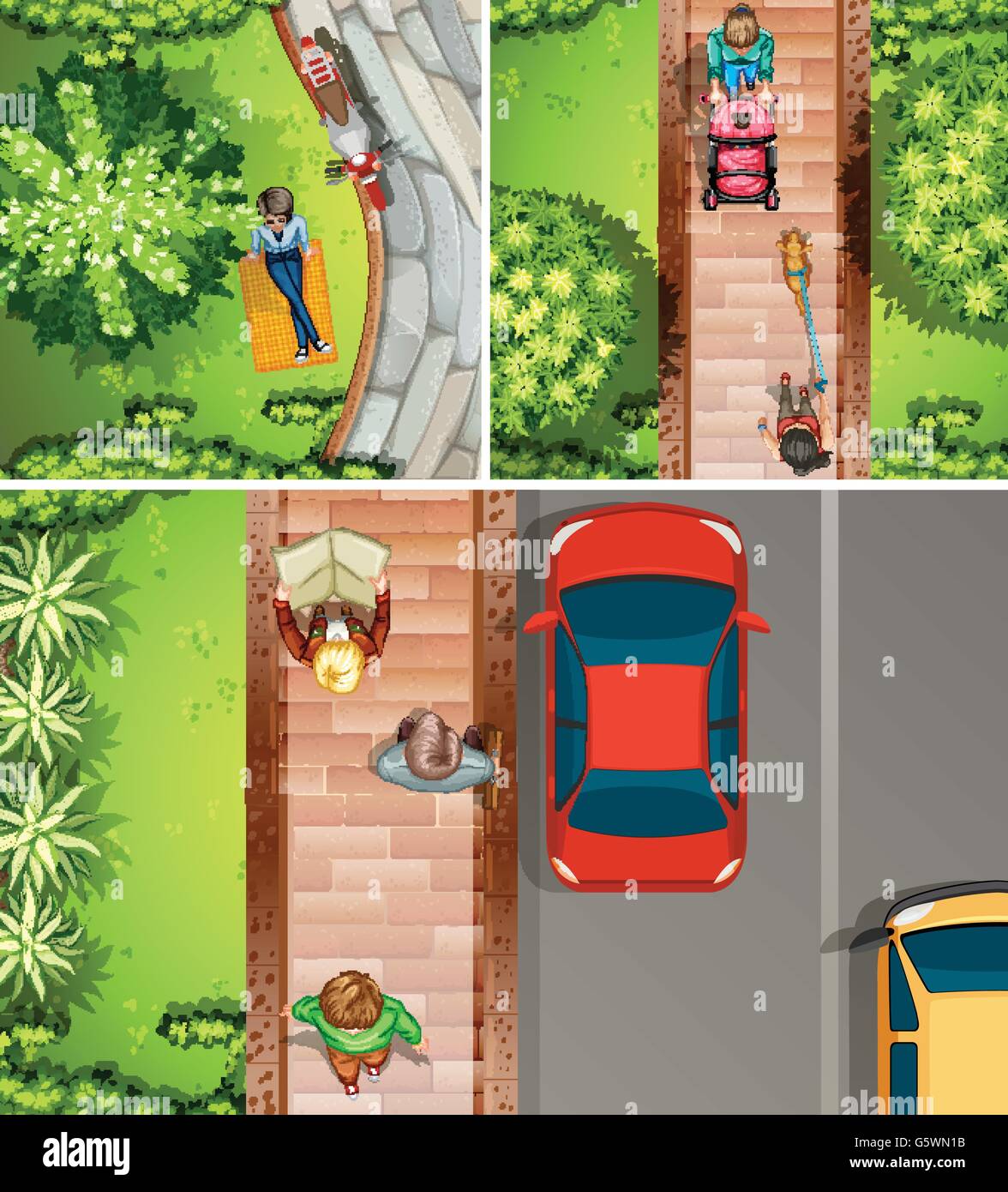 Top view scenes with people in the park and street illustration Stock ...