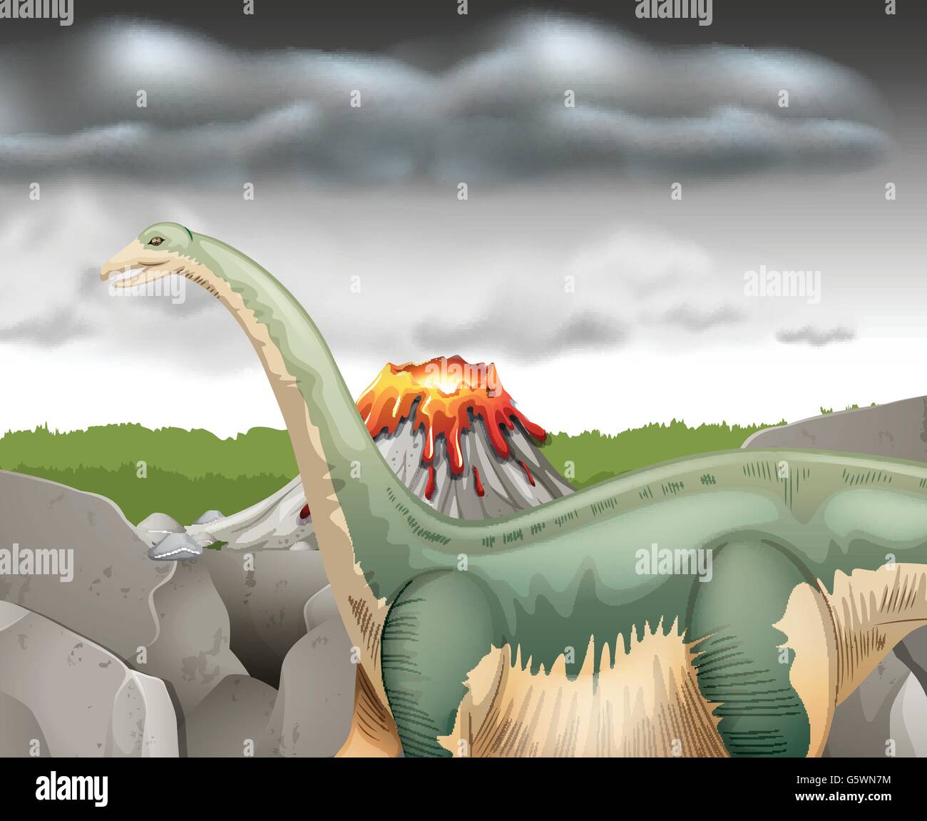 Scene with dinosaur and volcano illustration Stock Vector Image & Art ...