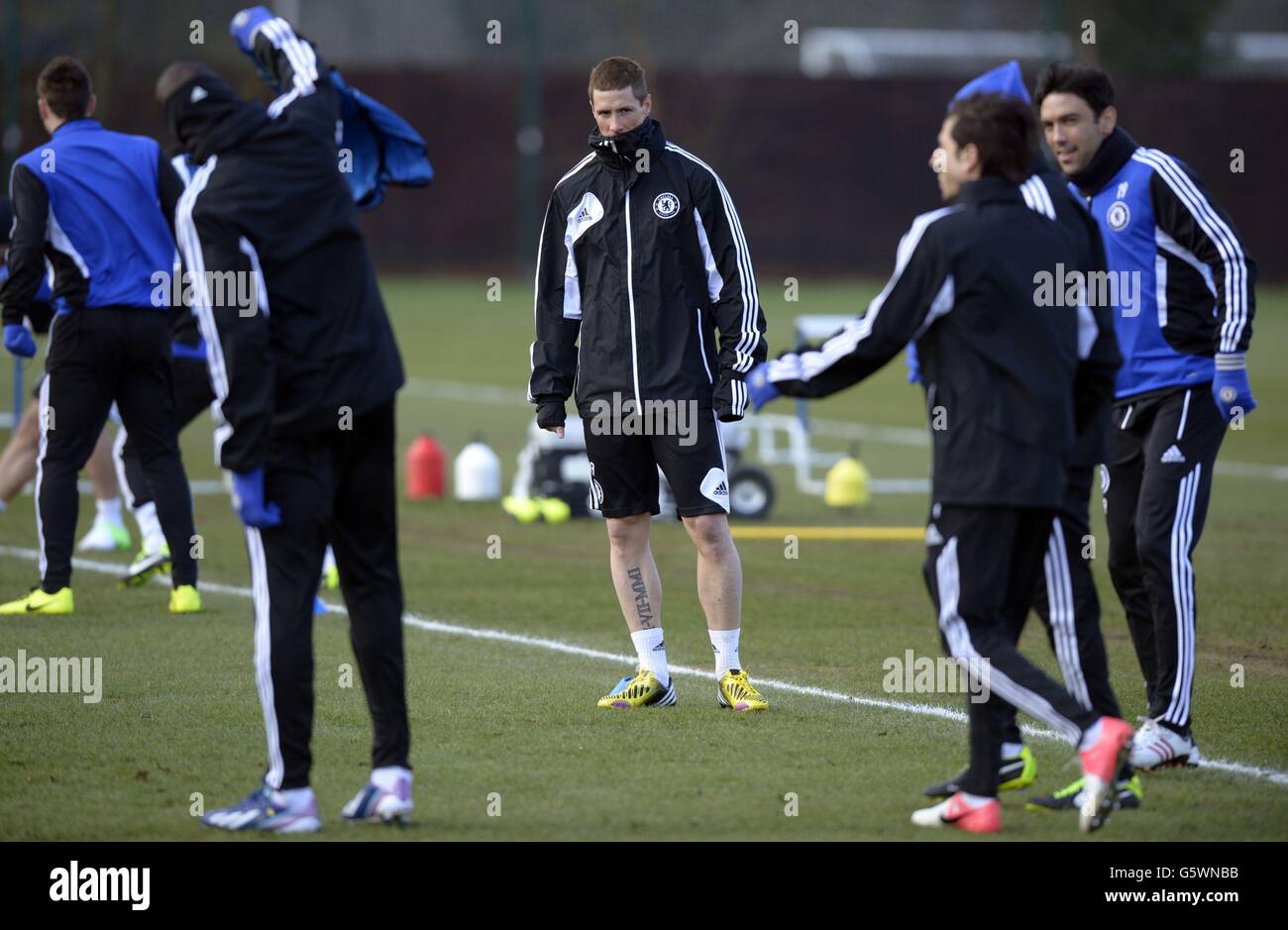 Chelsea's Fernando Torres (centre) during a training session at Cobham ...