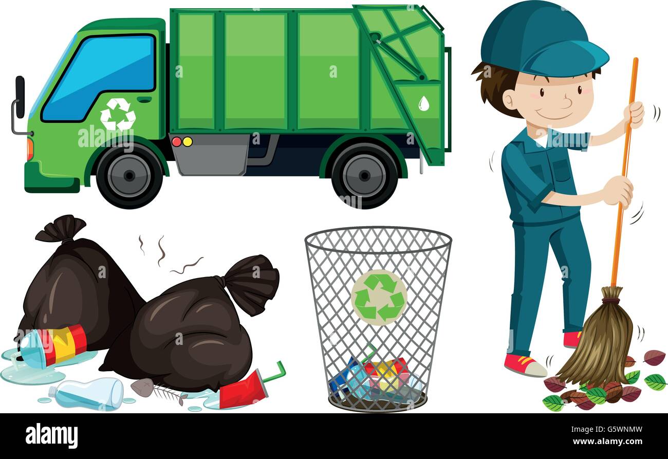 Set of garbage truck and janitor illustration Stock Vector Image & Art ...