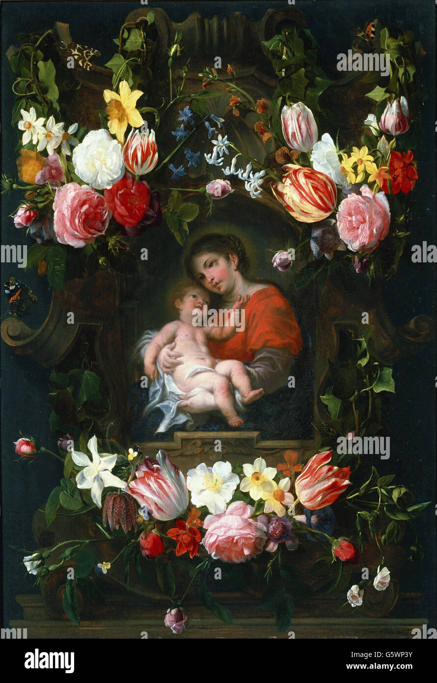 Daniel Seghers - Garland of Flowers with Madonna and Child Stock Photo ...
