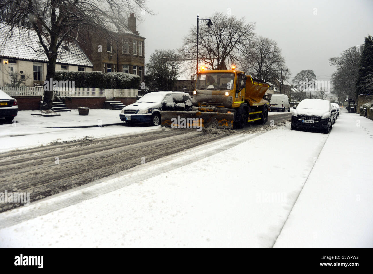 A snow plough clears the roads in Earsdon near Whitley Bay as snow and ...