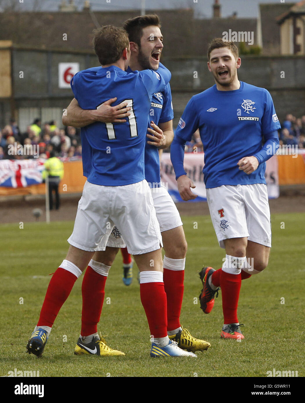 Rangers Andy Little celebrates his goal with team-mate David Templeton ...