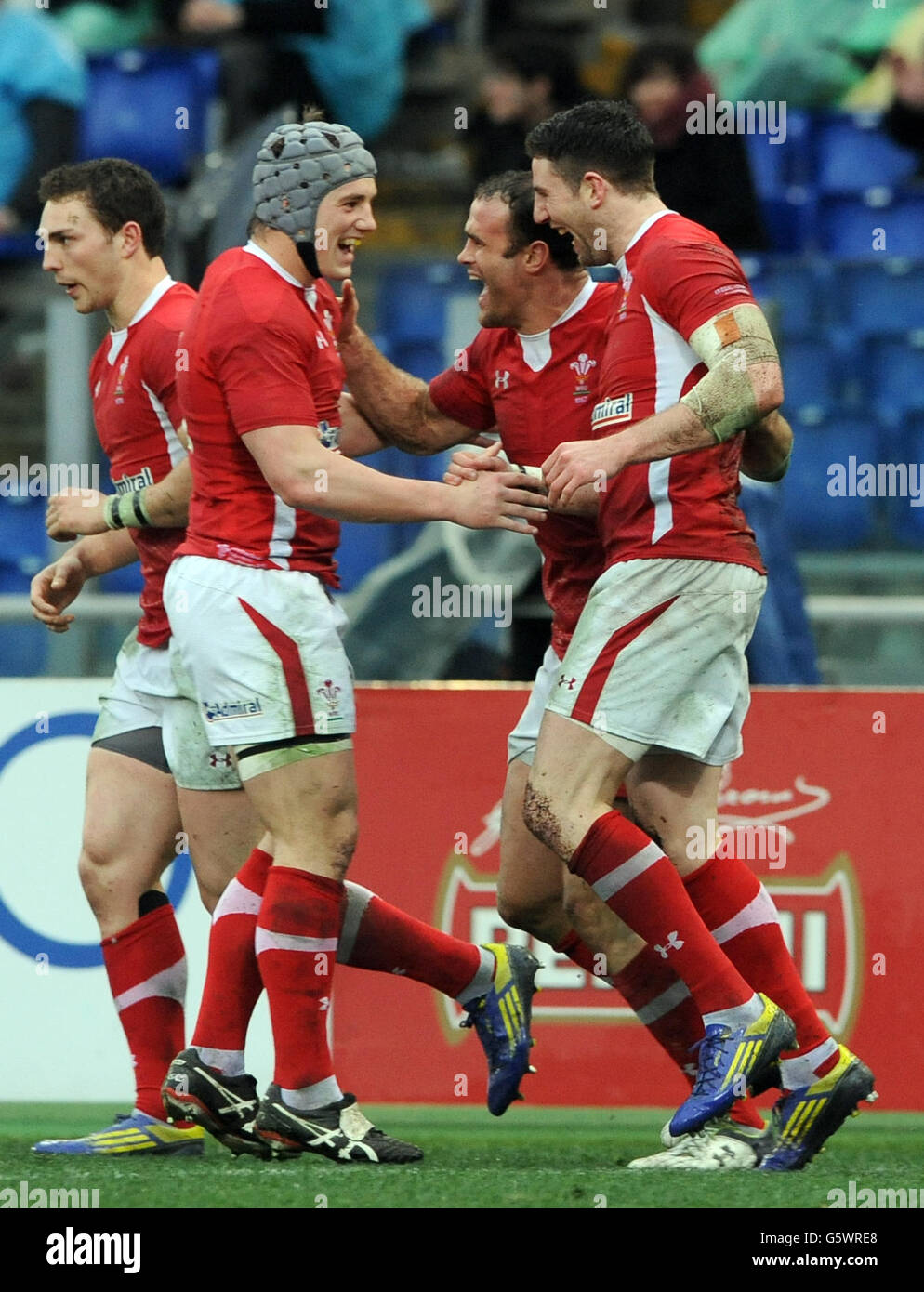 Wales' Alex Cuthbert celebrates scoring a try during the Six Nations ...