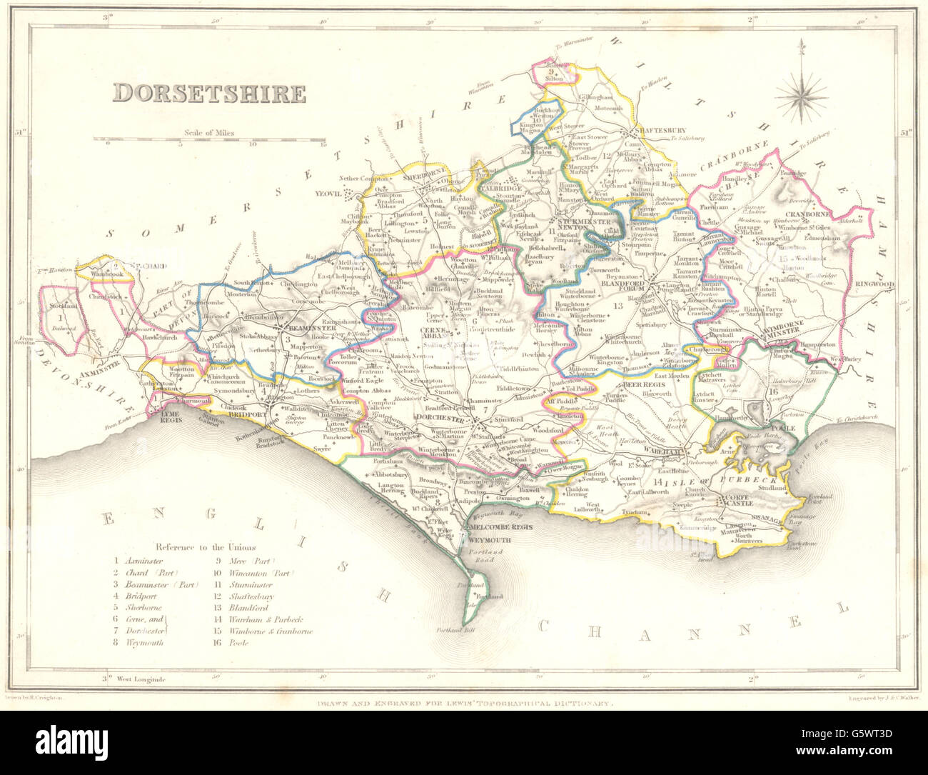 DORSET: Lewis. Original outline colour. Dorsetshire, 1845 antique map ...