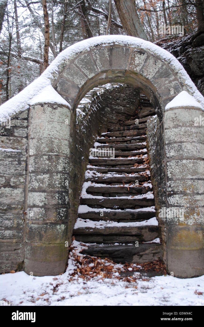 stone steps with arch in winter, Forbidden Drive Stock Photo - Alamy