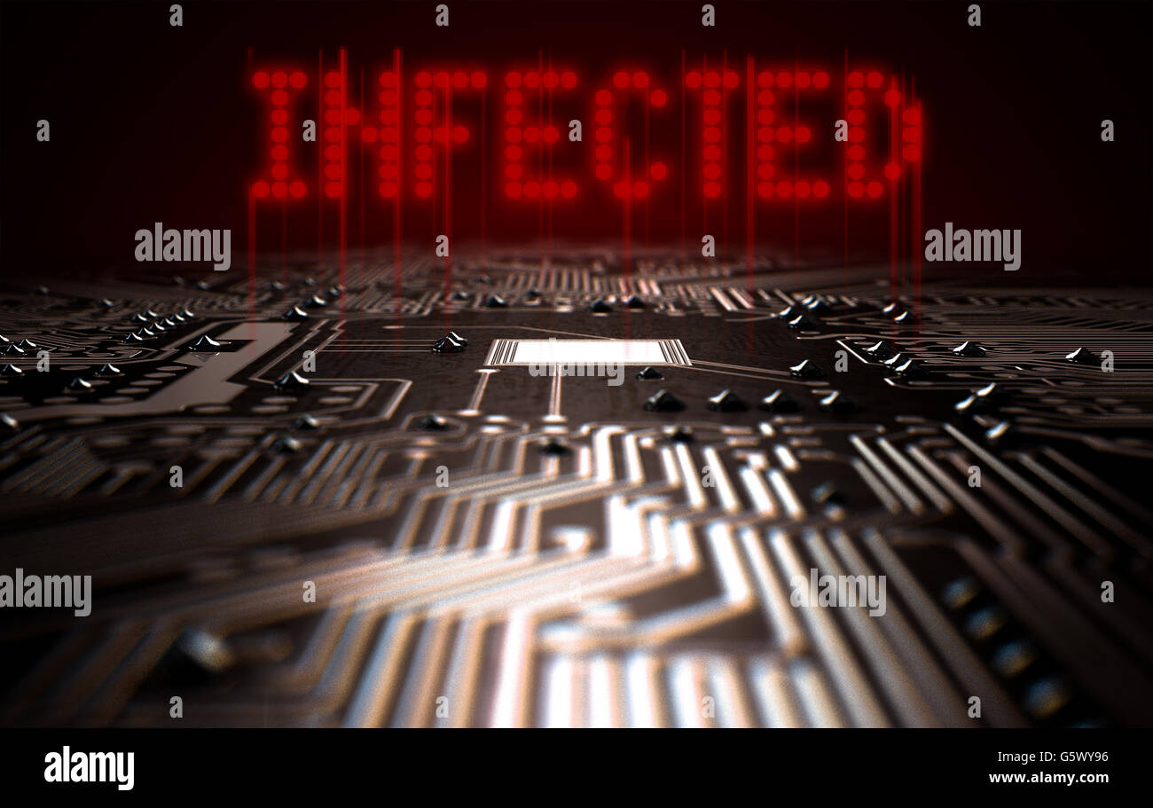 A 3D render of a macro view of a circuit board with red digital text ...