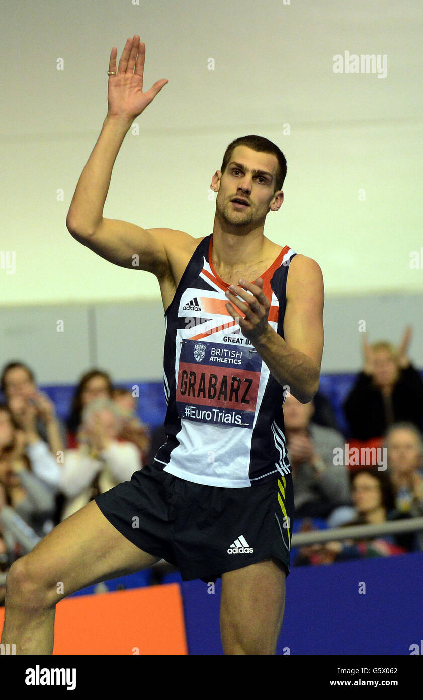 Robbie Grabarz celebrates his victory in the Mens High Jump Event ...