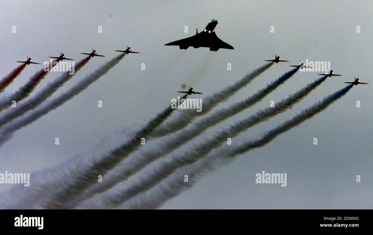 Concorde leads red arrows over marham hi-res stock photography and ...