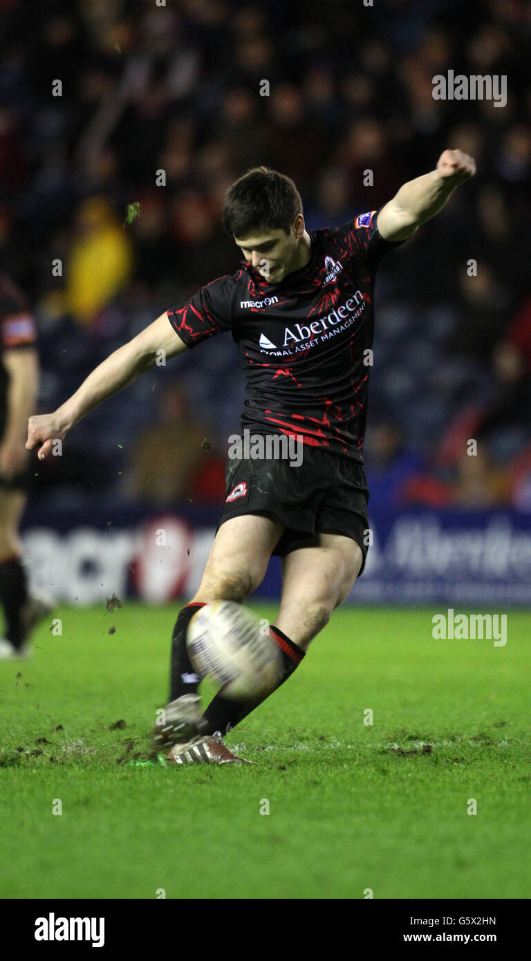 Edinburgh's Harry Leonard kicks a penalty during the Rabo Direct PRO12 ...