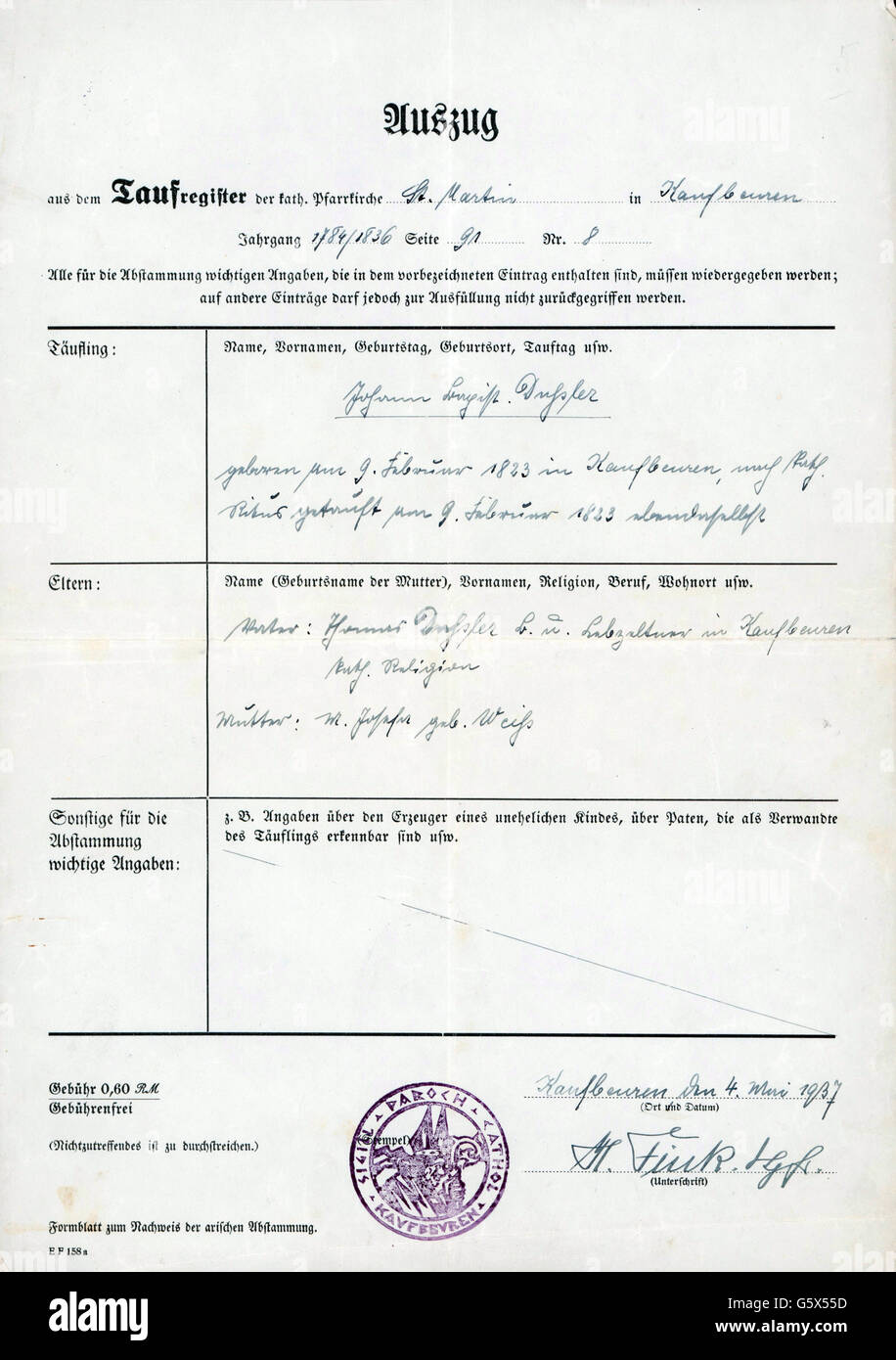 documents,excerpt of the parish register of St. Martin parish church ...