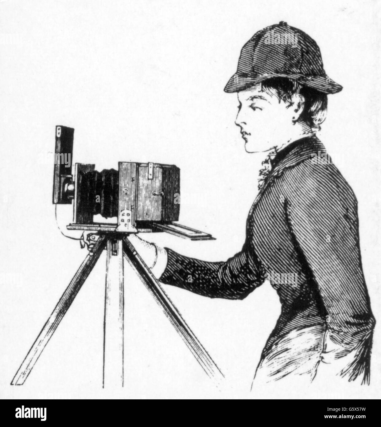 photography, cameras, woman with bellows camera on tripod, end 19th ...